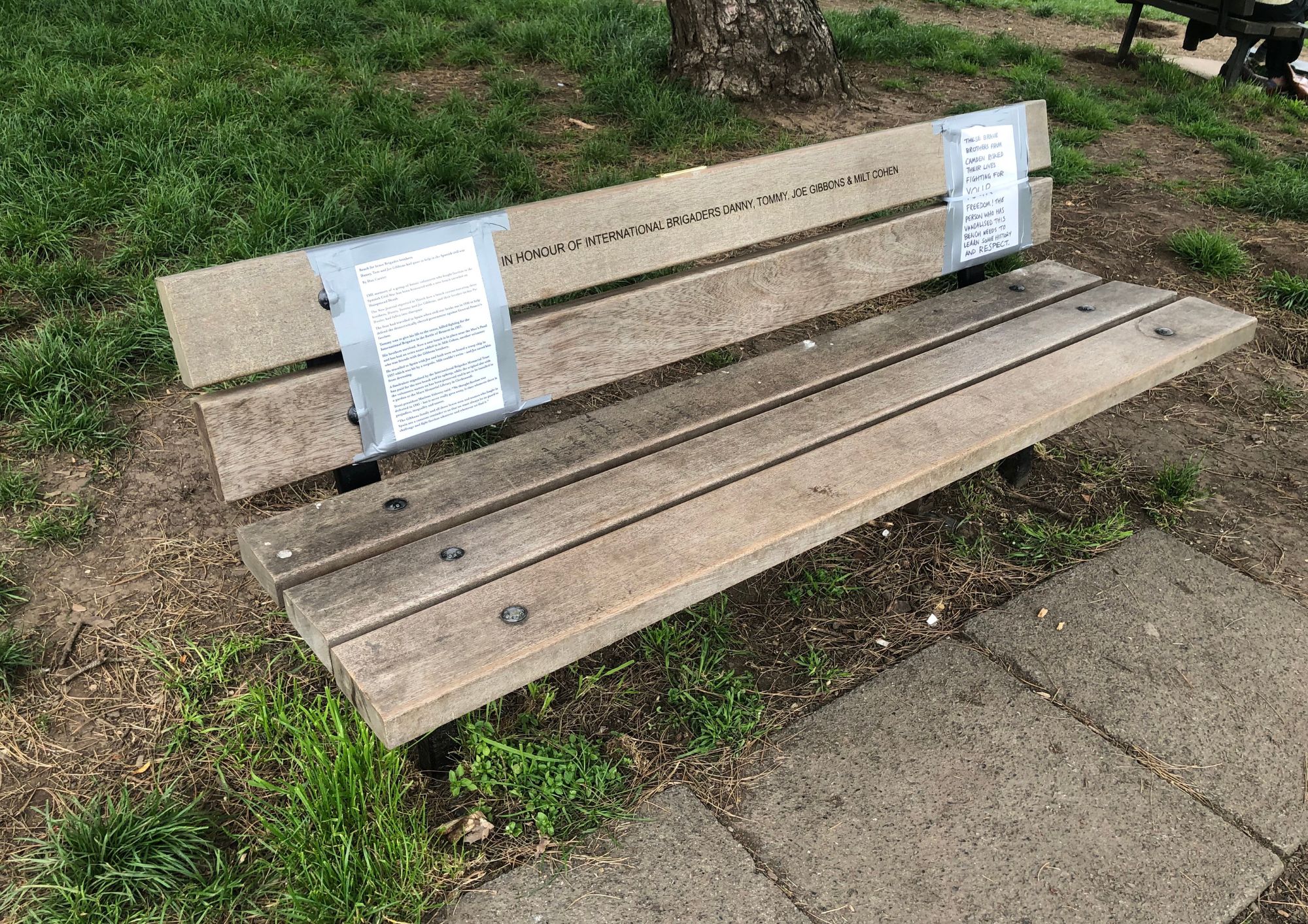Bench for Brigades heroes on Hampstead Heath is vandalised | Camden New ...